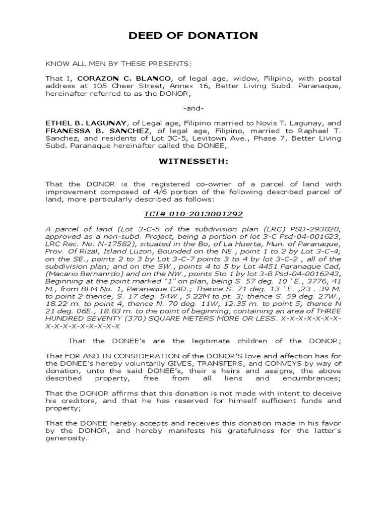 Deed of Donation: Witnesseth | PDF | Law And Economics | Land Law