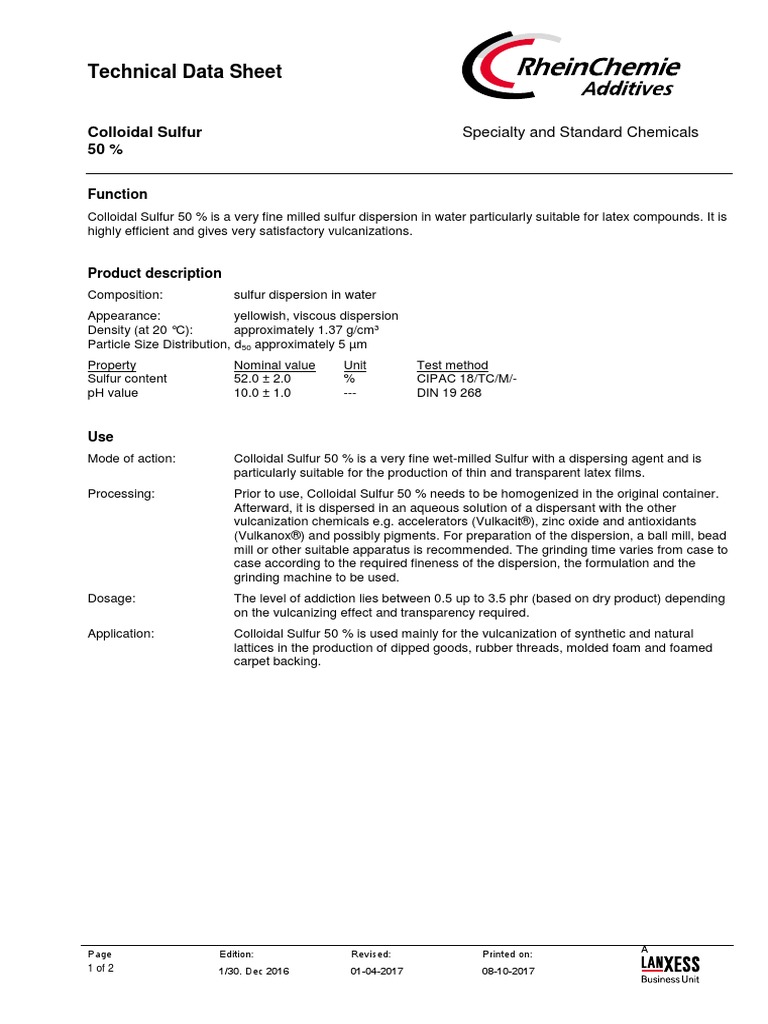 Technical Data Sheet: Colloidal Sulfur 50 % | PDF | Colloid | Sulfur