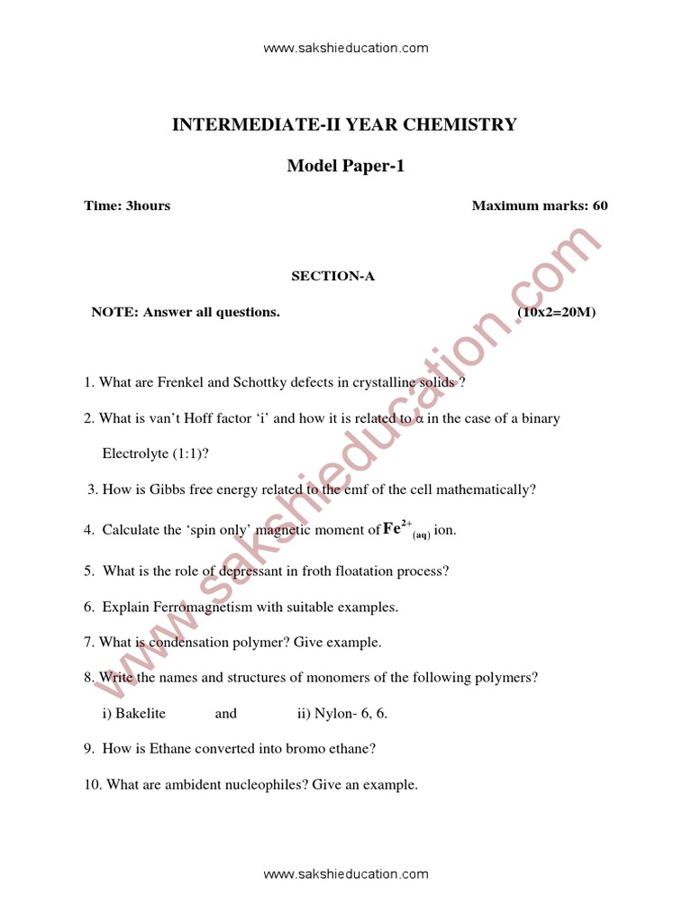 Intermediate II Year Chemistry Model Paper | PDF | Chemical Reactions ...