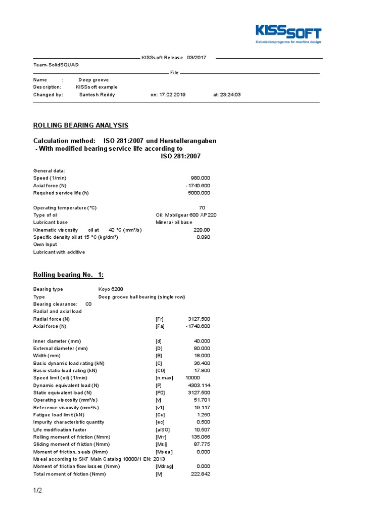 Rolling Bearing Analysis Calculation Method: ISO 281:2007 Und Herstellerangaben - With Modified ...