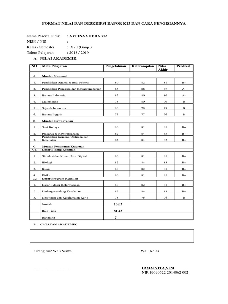 Format Nilai Dan Deskripsi Rapor k13 Dan Cara Pengisiannya | PDF