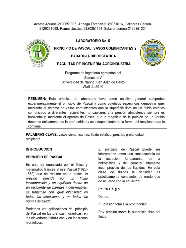 Principio de Pascal: Vasos comunicantes y paradoja hidrostática | PDF ...