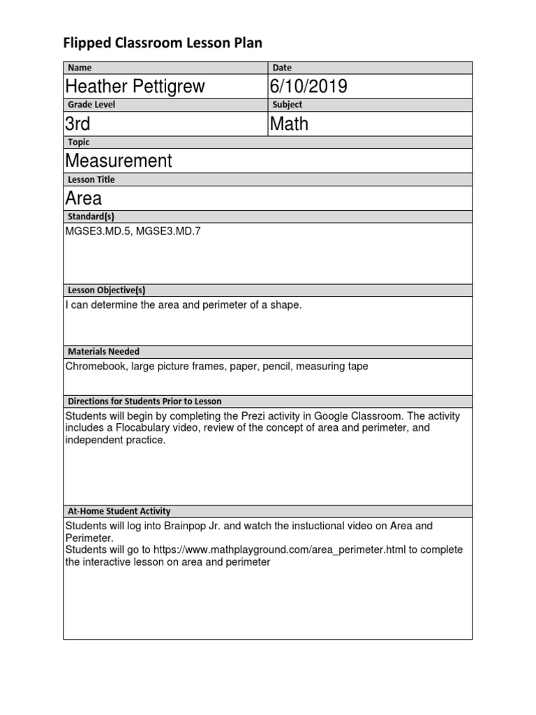 Flipped Classroom Plan for Area & Perimeter | PDF