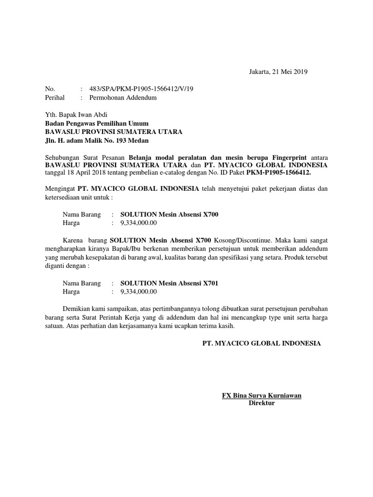 Contoh Surat Adendum Pergantian Barang | PDF