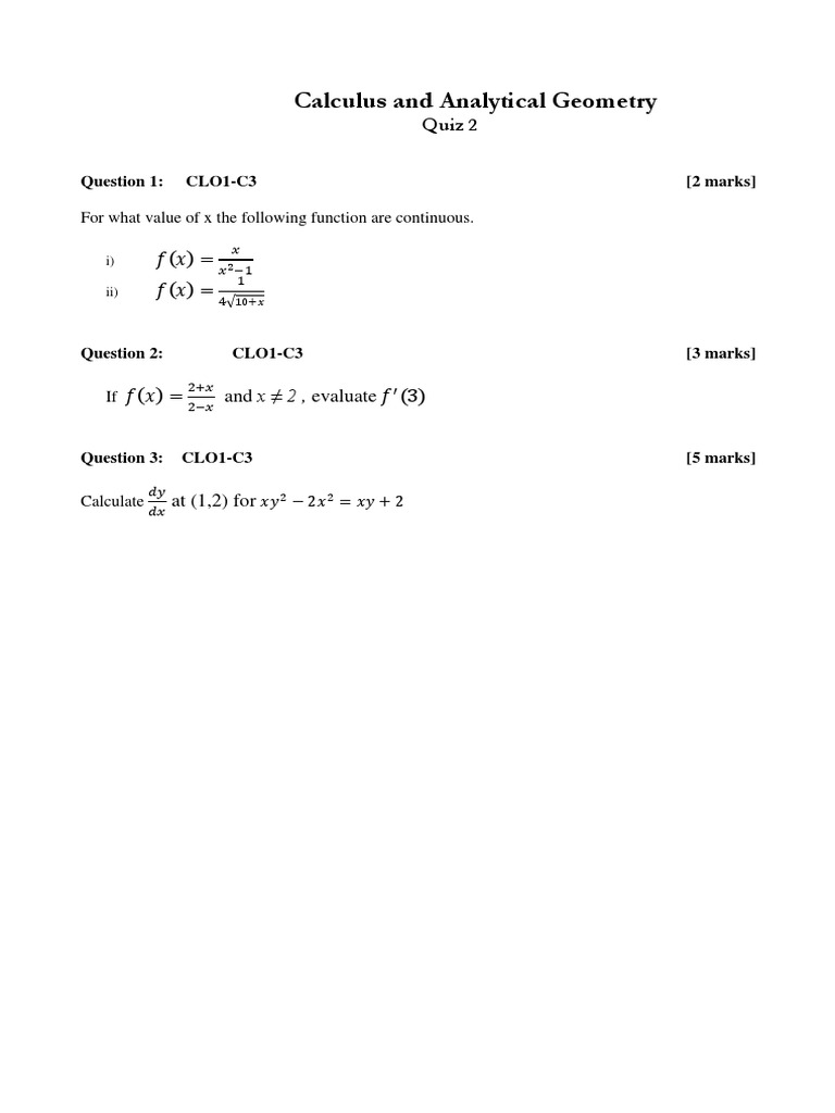 Calculus and Analytical Geometry: Quiz 2 | PDF