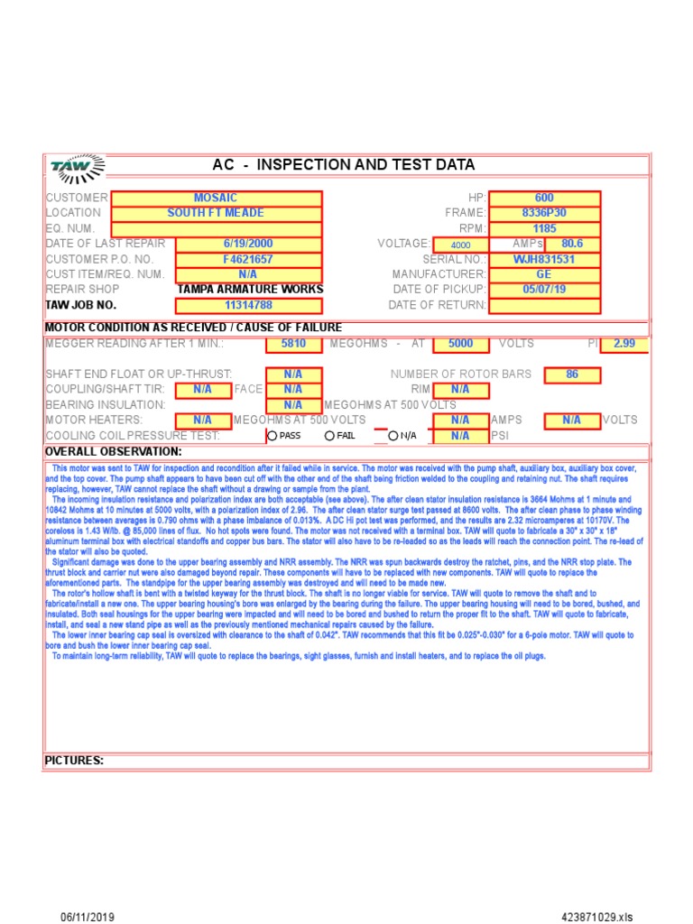 Motor Inspection and Repair Data Report | PDF | Electric Motor ...