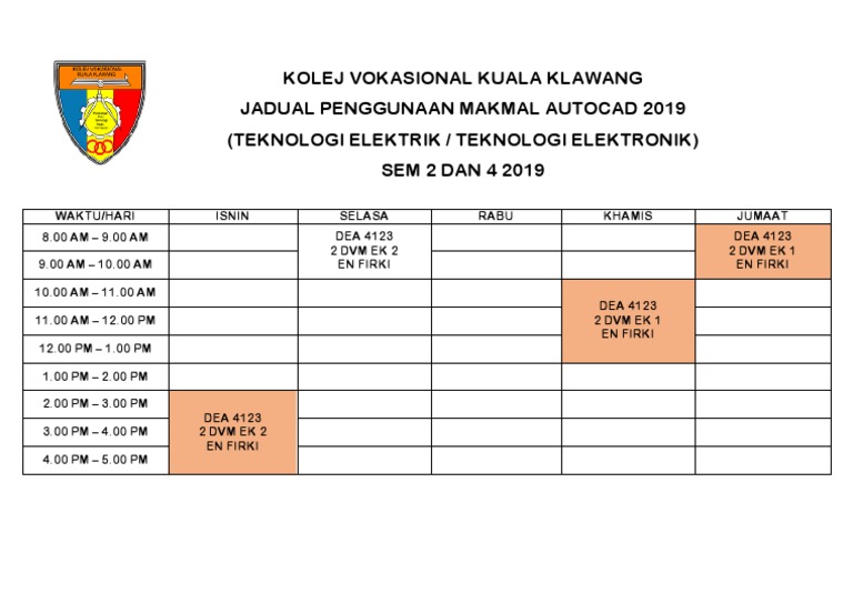 Kolej Vokasional Kuala Klawang Jadual Penggunaan Makmal Autocad 2019 ...