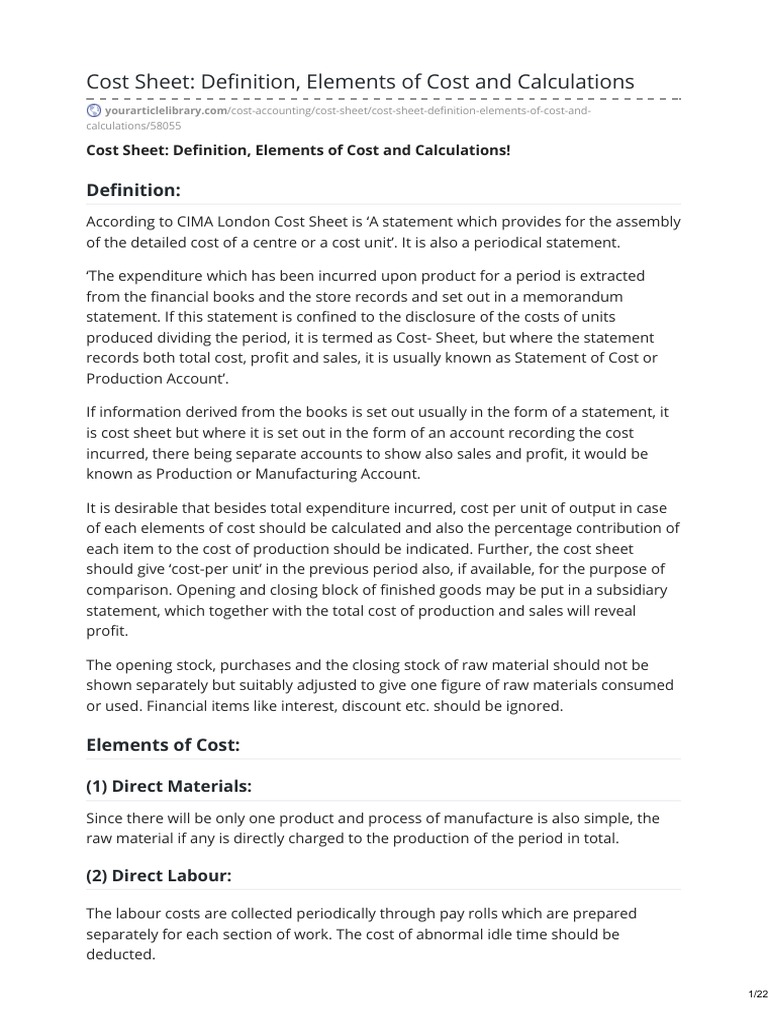 Cost Sheet: Definition, Elements of Cost and Calculations | Download Free PDF | Cost | Expense