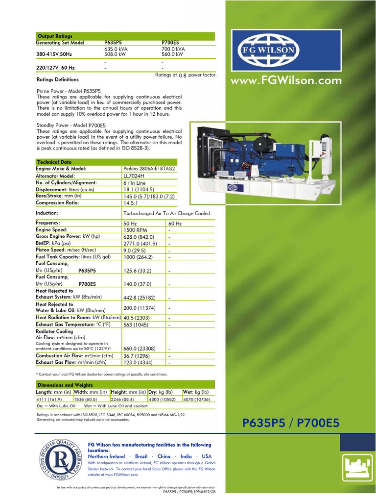 FGW P700E5 Generator Specifications | PDF | Engines | Internal ...