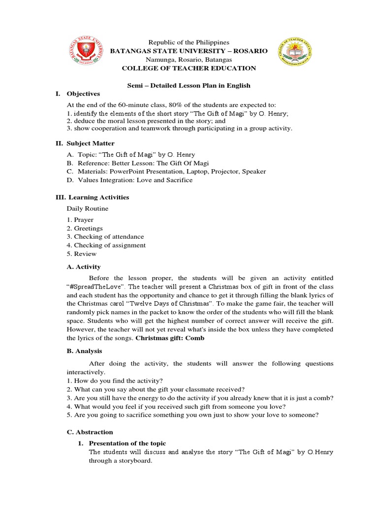 Lesson Plan for "The Gift of Magi" | PDF | Behavior Modification ...