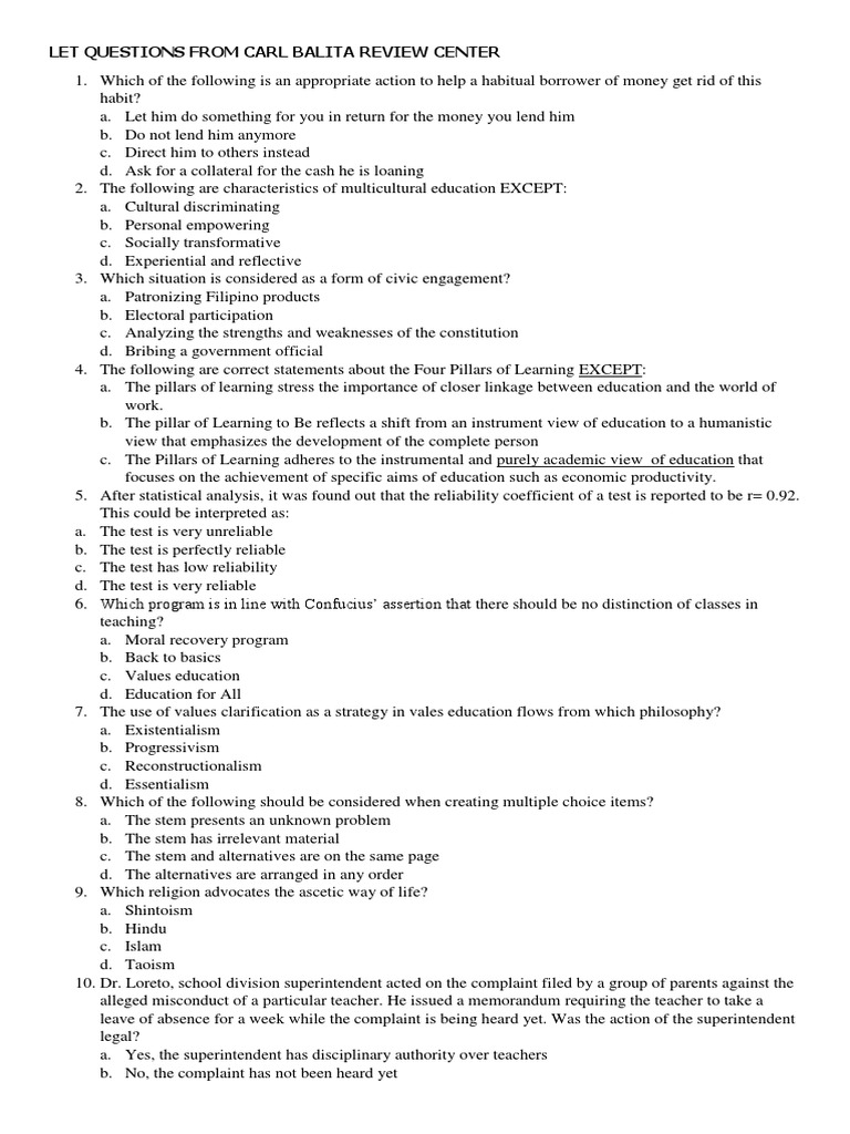 Let Questions From Carl Balita Review Center-11 | PDF | Teachers | Test ...