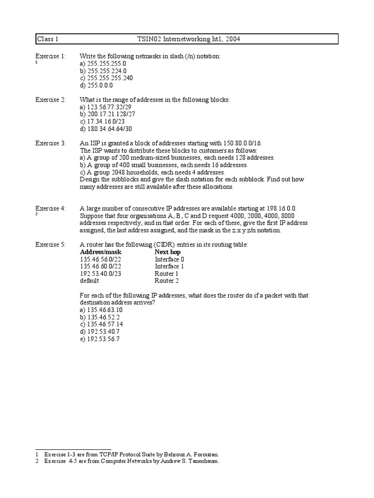 Class 1 Internetworking Exercises | PDF | Router (Computing) | Internet Protocol Suite