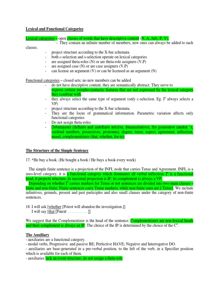 Lexical and Functional Categories Auxiliaries Theta Roles | PDF | Part Of Speech | Linguistic ...