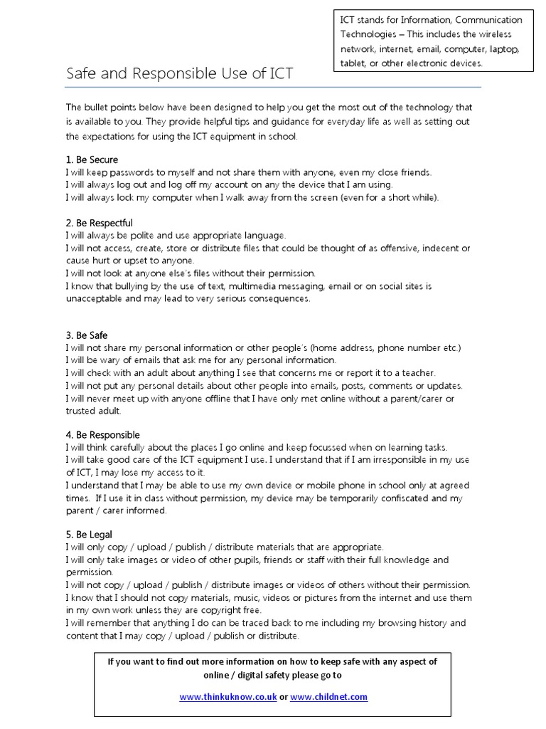 Safe and Responsible Use of Ict For Older Pupils | PDF | Educational ...