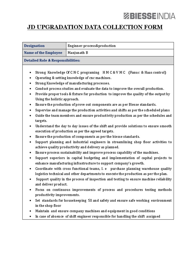 JD Upgradation Data Collection Form: Designation Name of The Employee ...
