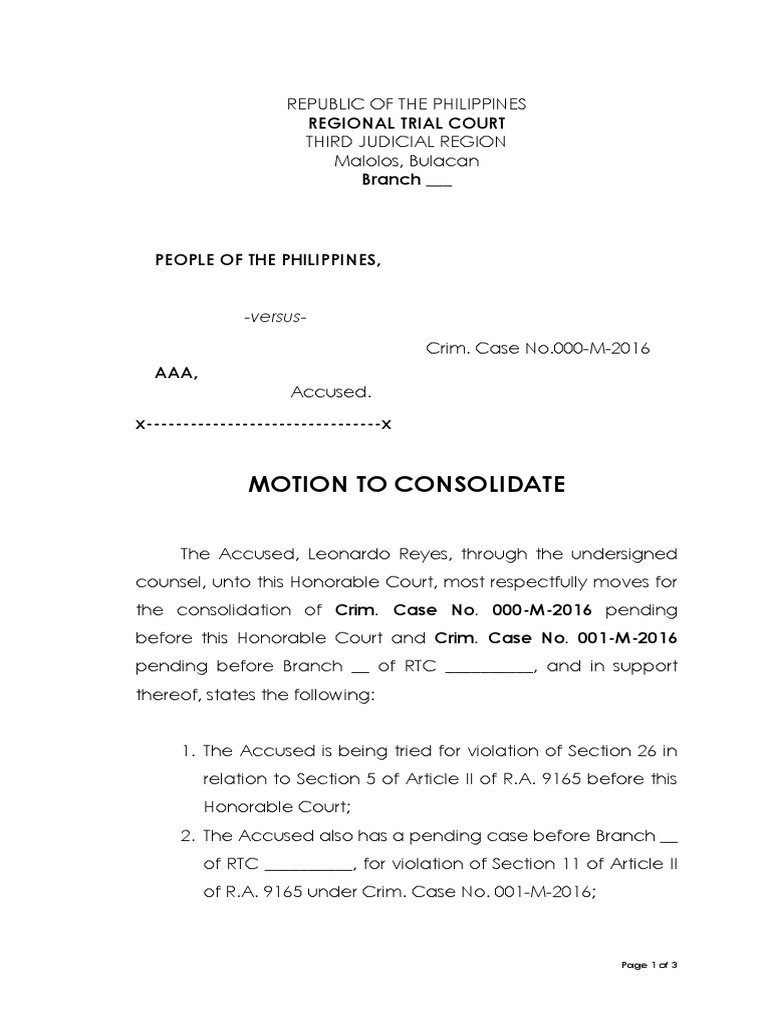 Motion For Consolidation of Cases Sample | PDF | Prosecutor | Judiciaries