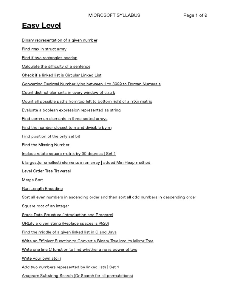 Easy Level: Microsoft Syllabus Page of 1 6 | PDF | Dynamic Programming ...