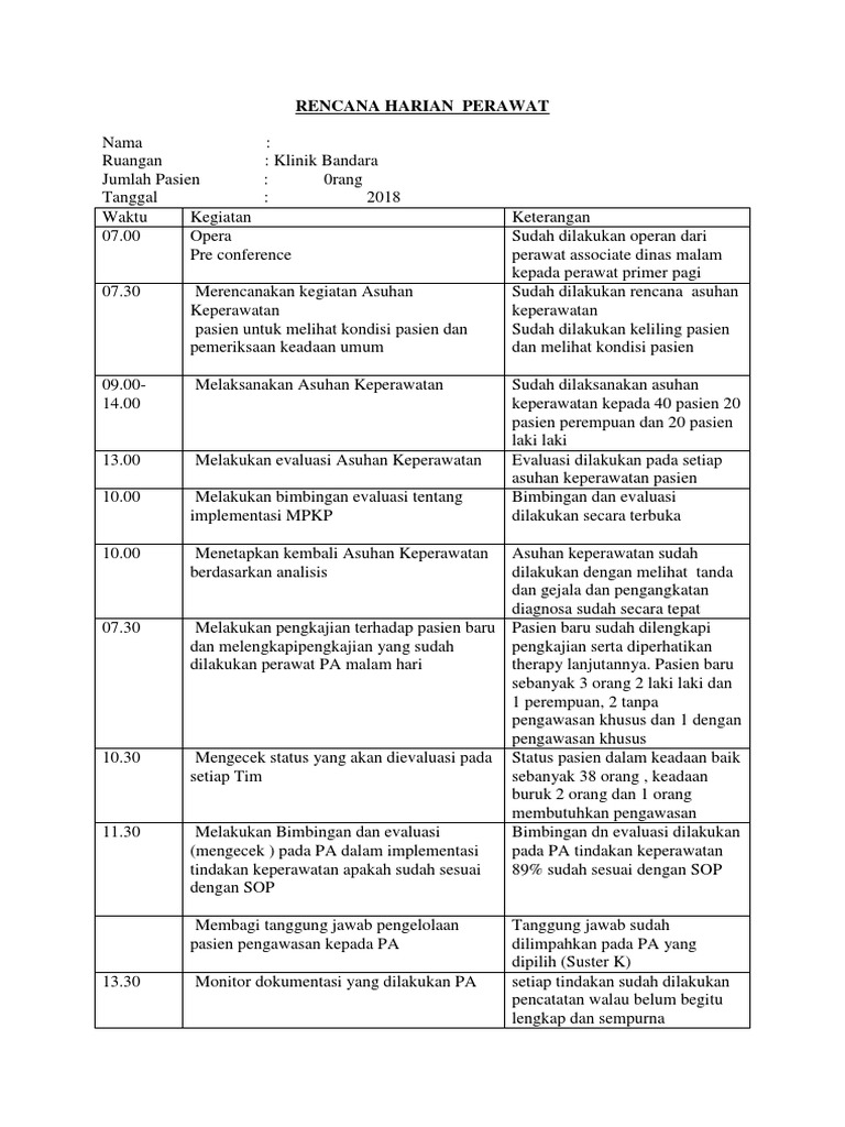 Rencana Harian Perawat | PDF