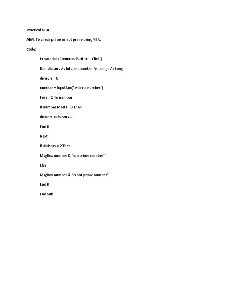 Practical Vba Aim To Check Prime Or Not Prime Using Vba Code Pdf Computers 