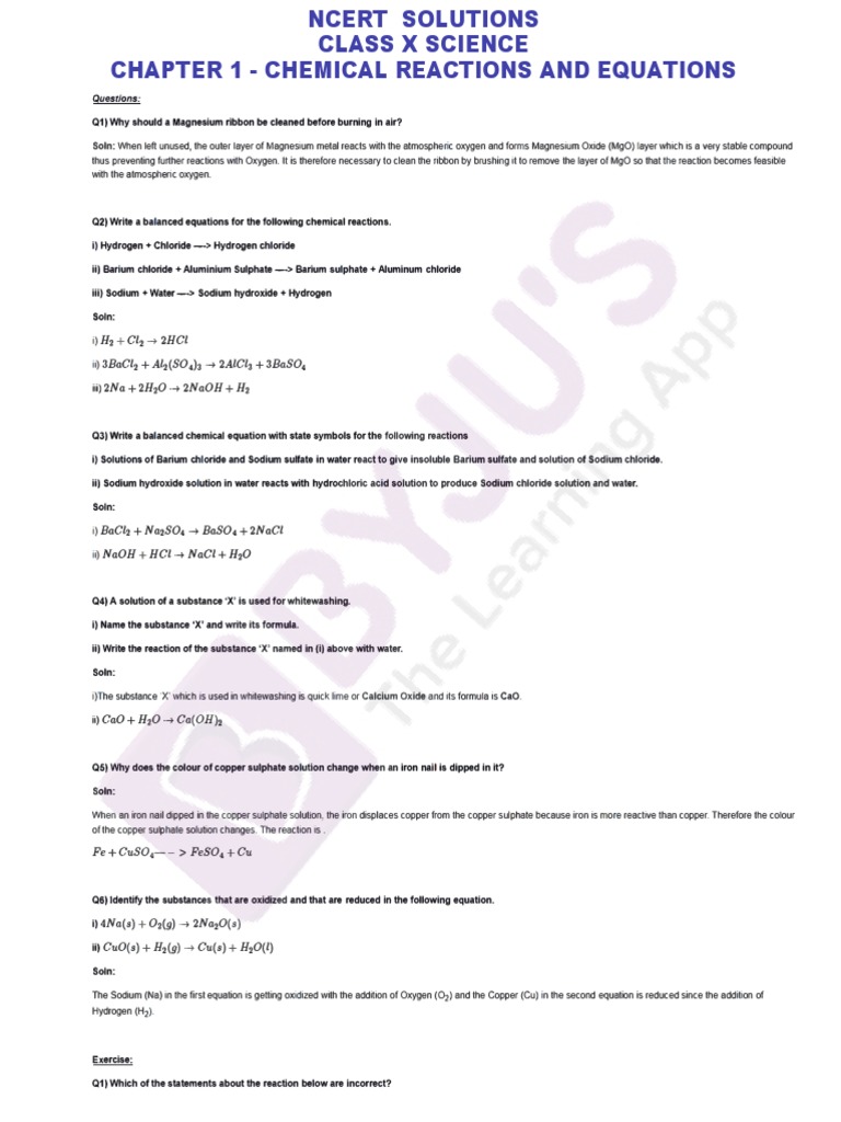 Ncert Solutions Class 10 Science Chapter 1 Chemical Reactions and ...
