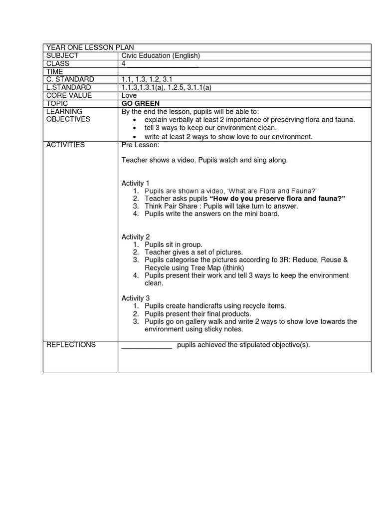 Civic Lesson Plan Love y4 Go Green