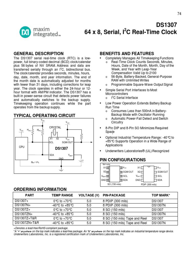 DS1307 64 X 8, Serial, I C Real-Time Clock: General Description Benefits and Features | PDF ...
