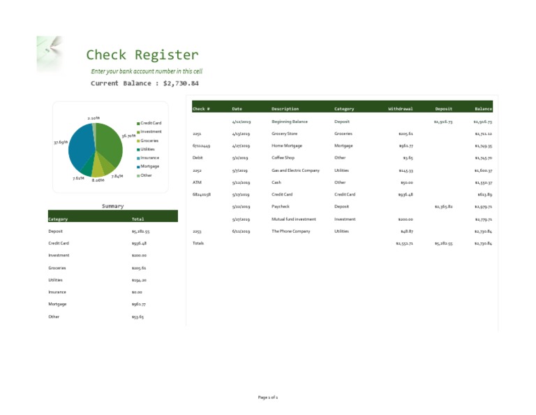 Check Register With Chart1 | PDF | Deposit Account | Paycheck