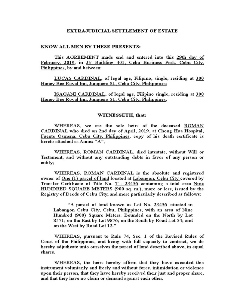 Extrajudicial Settlement of Estate Among Heirs | PDF | Civil Law (Legal ...