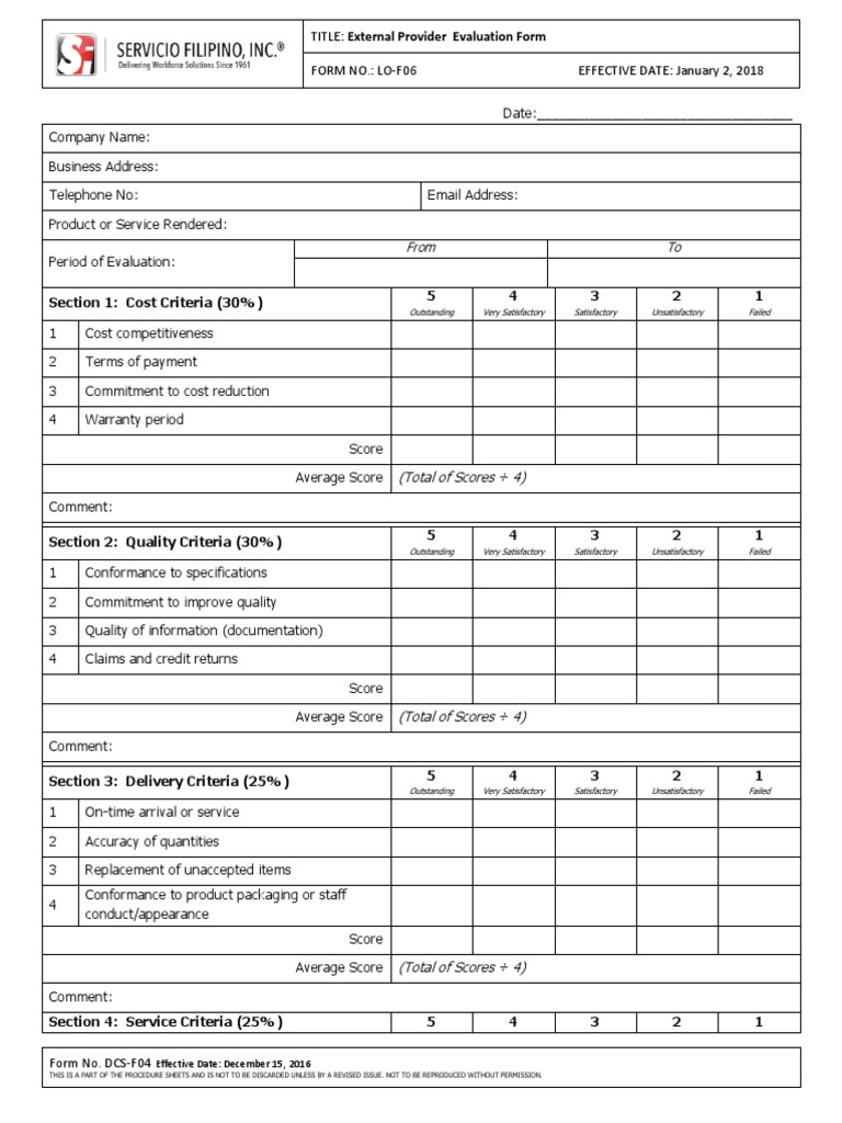 LO-F06 External Provider Evaluation Form | PDF | Evaluation | Business