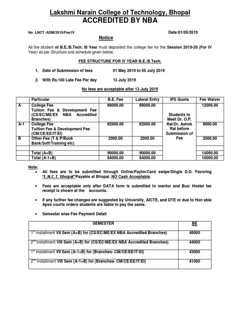 Final Fee Structure 2019 20 LNCT LNCTS II III 11 3 | PDF | Fee | Payments