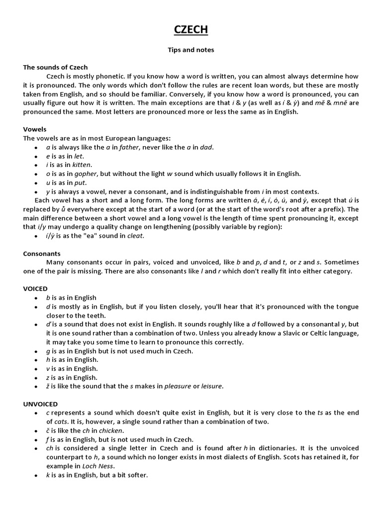 Czech: Tips and Notes The Sounds of Czech | PDF | Grammatical Gender ...