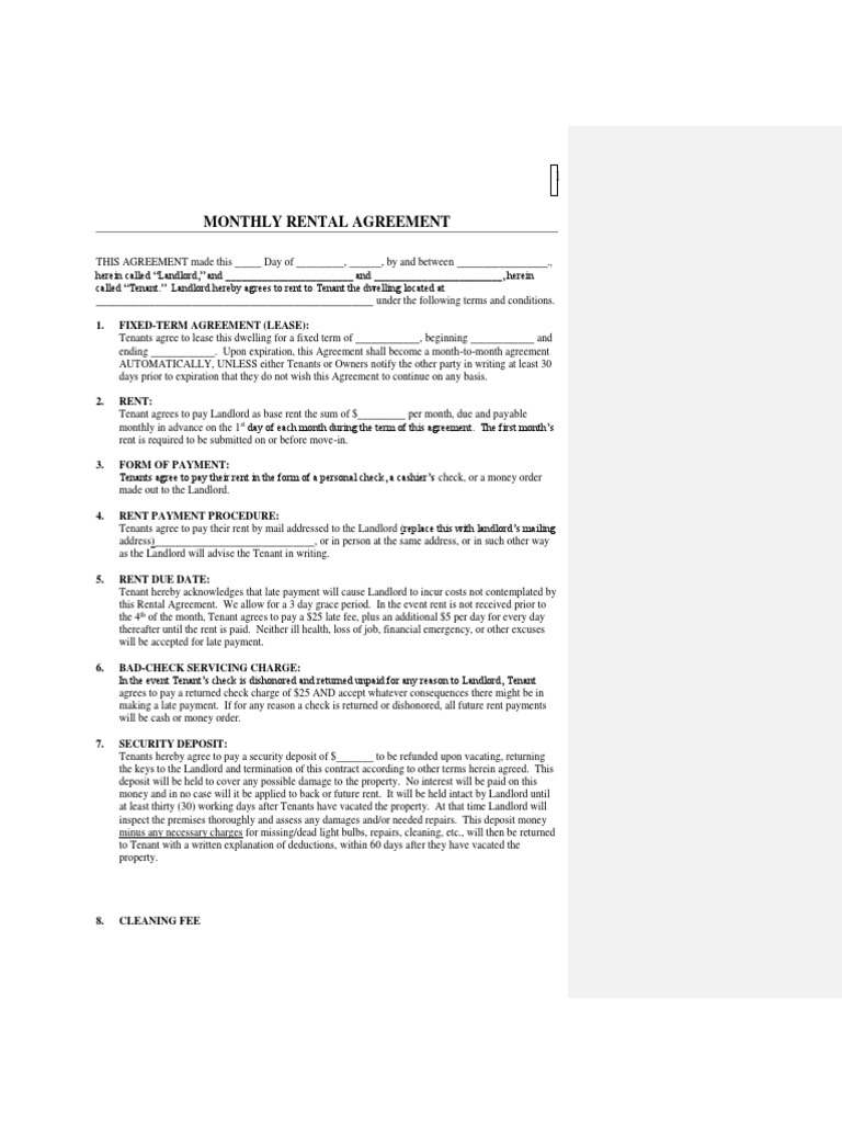 Monthly Rental Agreement Outlining Terms and Conditions Between ...