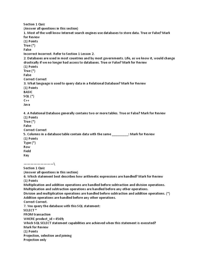 Section 1 Quiz Oracle Pdf Databases Computer Programming 3267