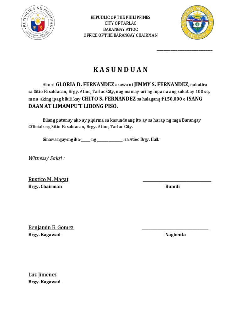 Kasunduan: Gloria D. Fernandez Jimmy S. Fernandez Chito S. Fernandez ...