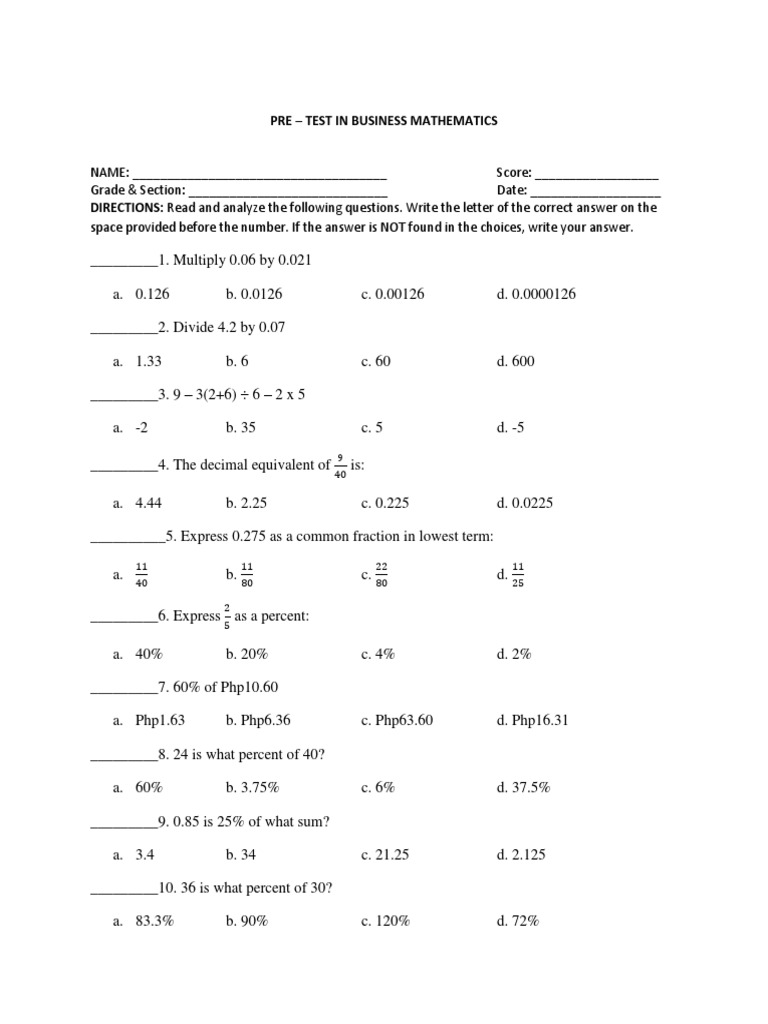 Pretest Business Math | PDF | Elementary Mathematics | Arithmetic