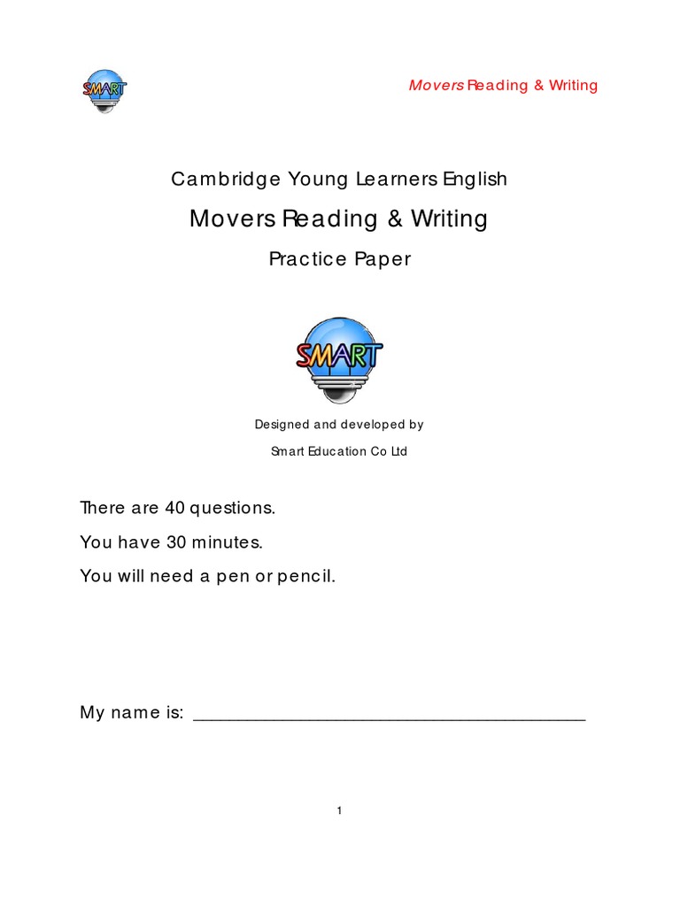 Movers Reading & Writing Practice Test | PDF | Self-Improvement