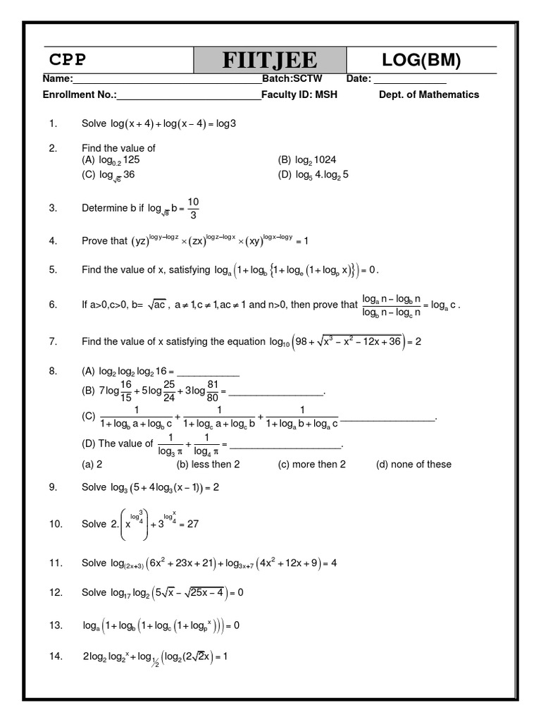Logarithms Fiitjee PDF | PDF | Discrete Mathematics | Teaching Mathematics