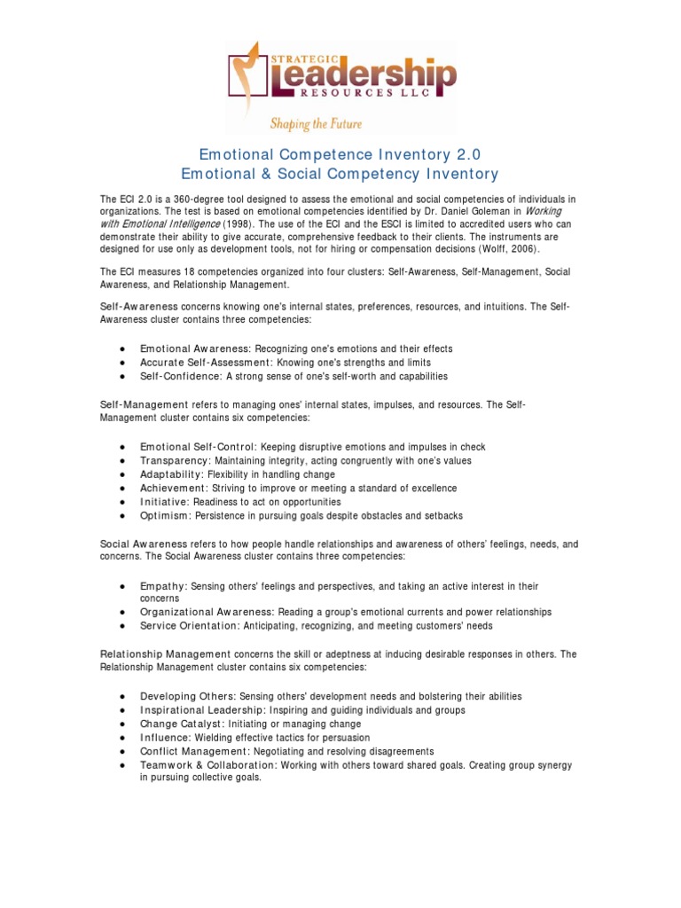 ECI 2.0: Assessing Emotional Competence | PDF | Goal | Emotions