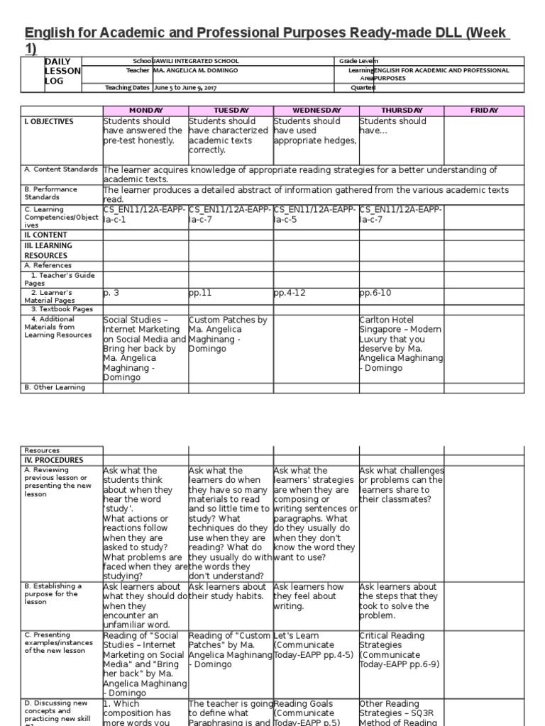 EAPP WEEK 1 DLL | PDF | Verb | Learning