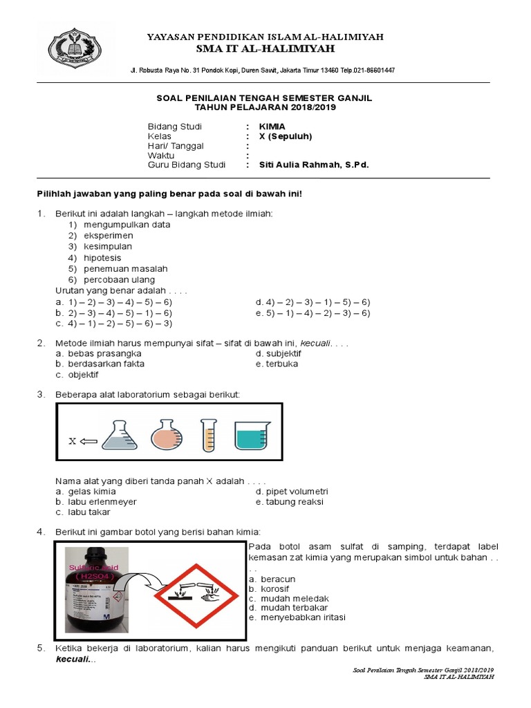 PTS Kimia Ganjil Kelas X IPA 1819 | PDF