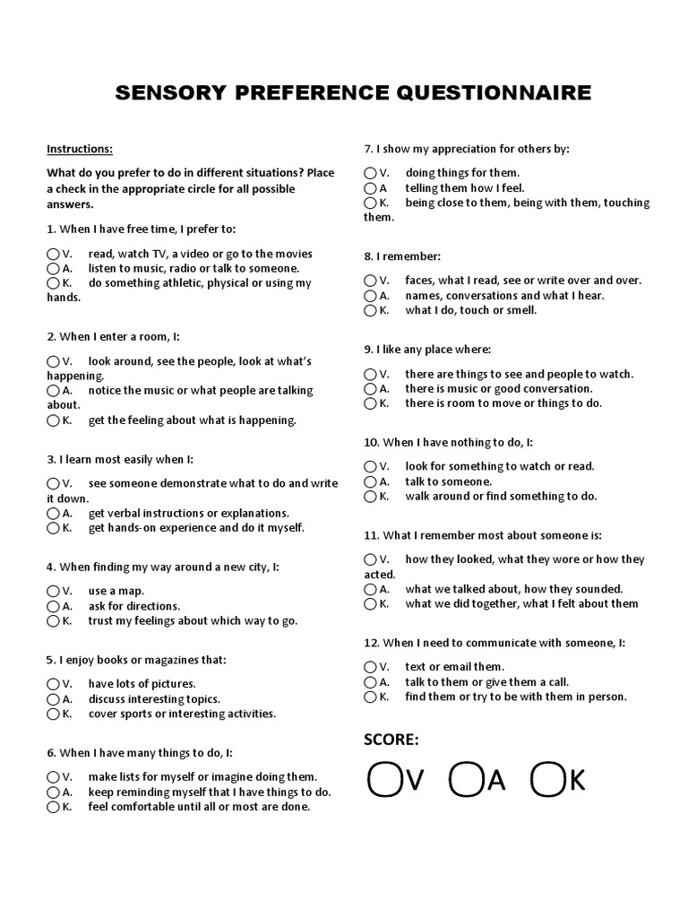 Sensory Preference Questionnaire Guide | PDF | Conversation | Cognition