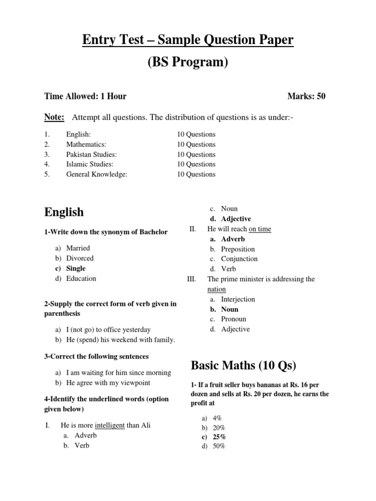 Entry Test - Sample Question Paper (BS Program) : English | PDF | Verb ...