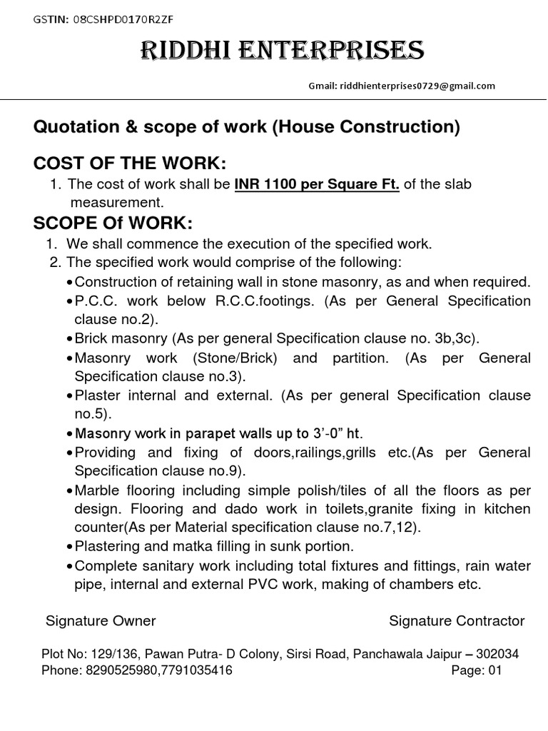 Riddhi Enterprises: Quotation & Scope of Work (House Construction) Cost ...