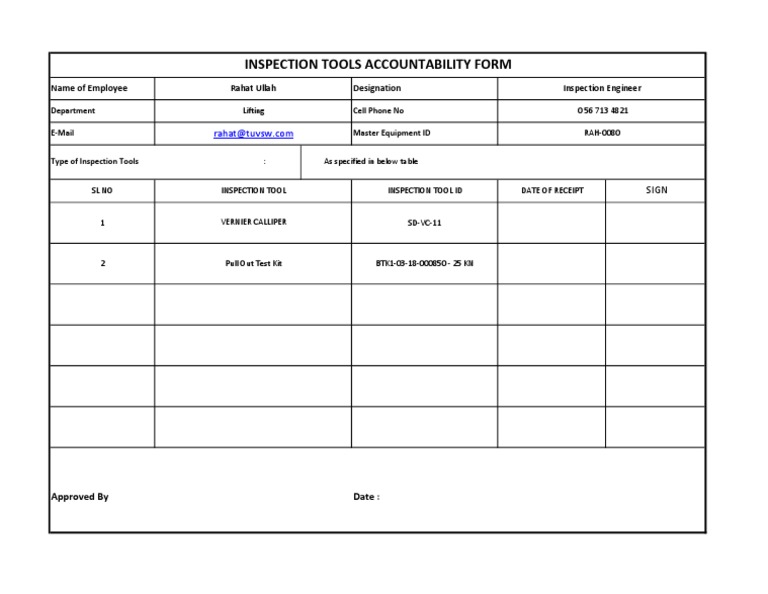Inspection Tools Accountability Form Template | PDF