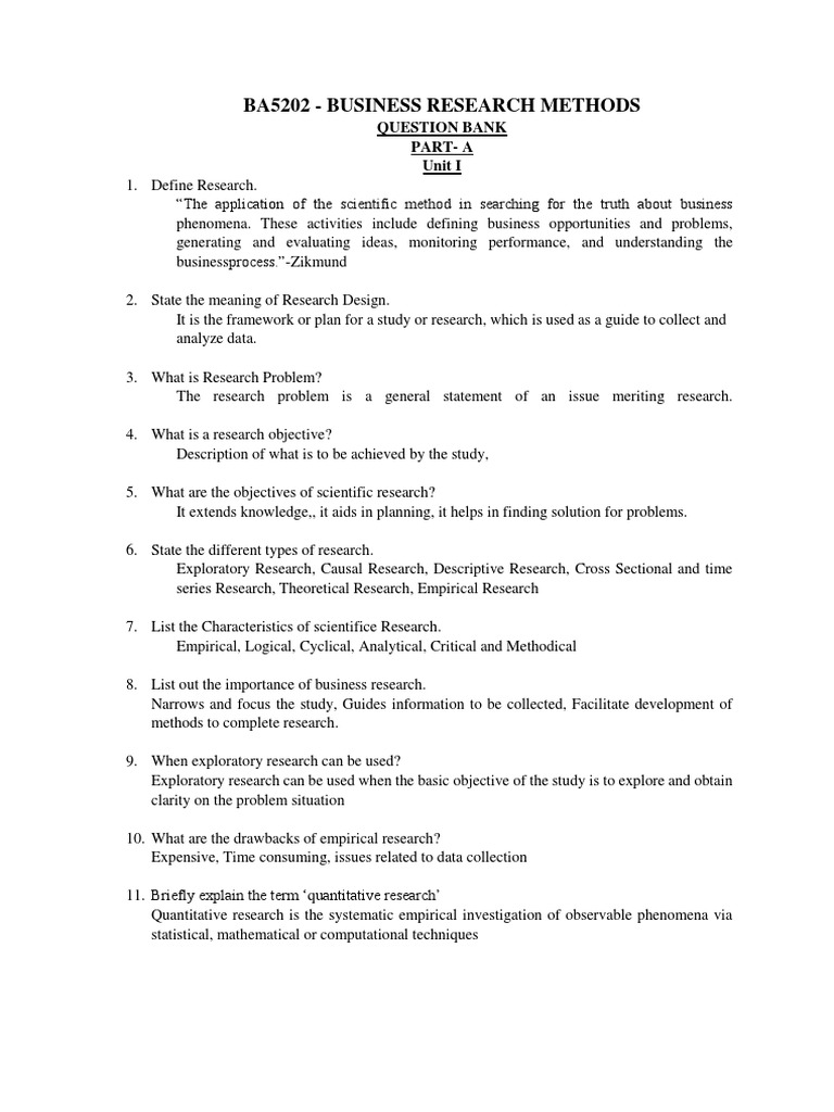 Ba5202 - Business Research Methods: Question Bank Part-A Unit I | PDF ...