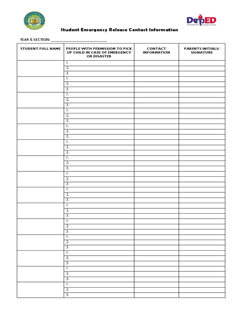 Student Emergency Release Contact Information: YEAR & SECTION | PDF ...