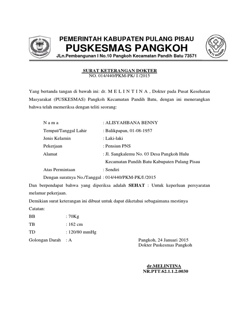 Surat Keterangan SEHAT DR - Melin | PDF