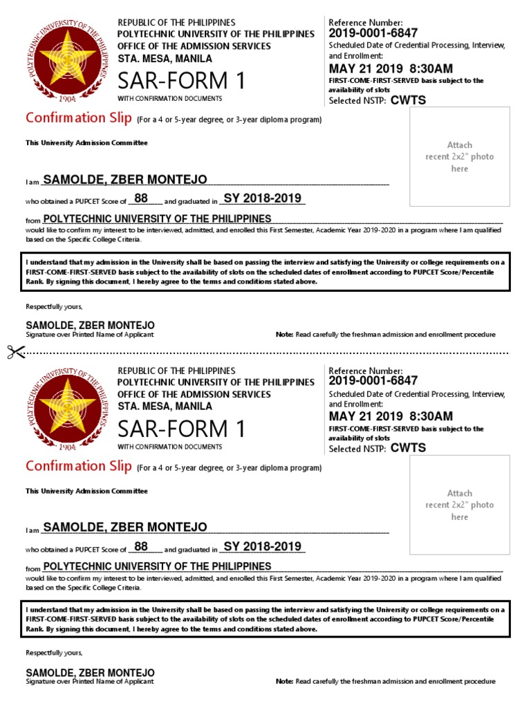 Sar-Form 1: Confirmation Slip | PDF | University And College Admission ...