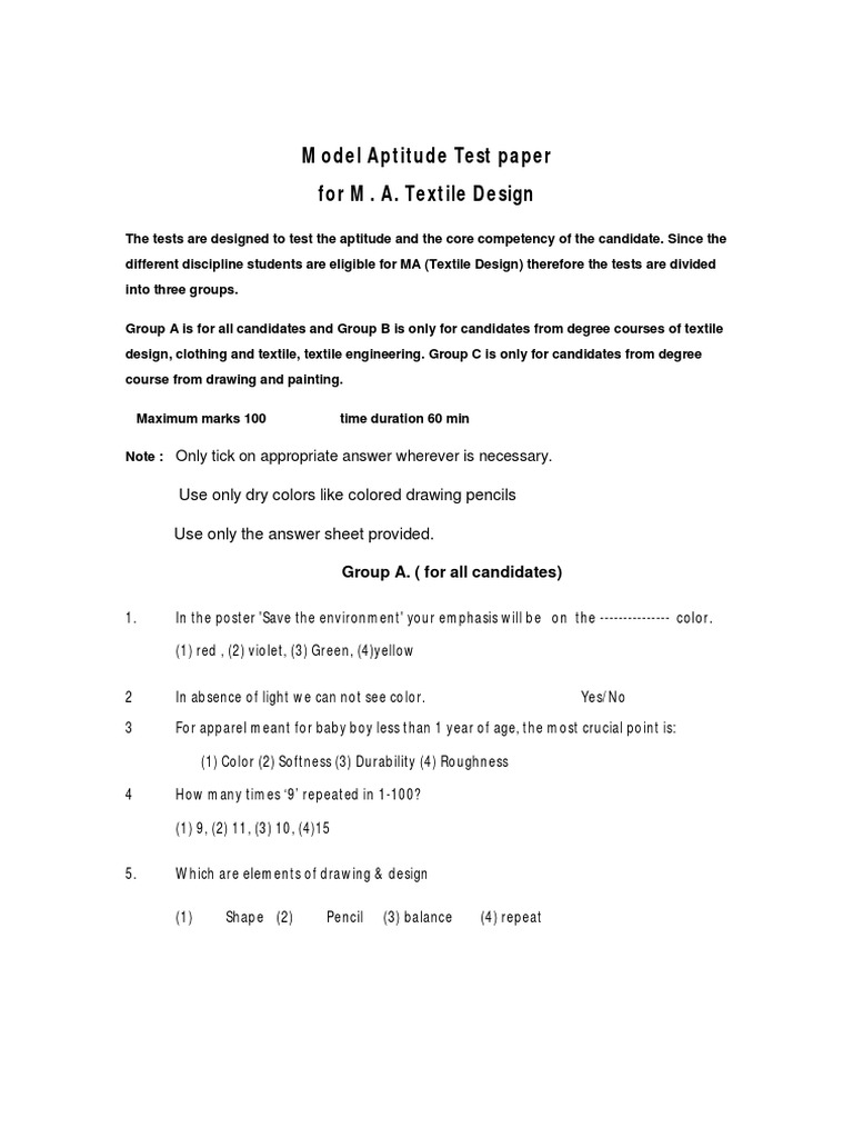Model Apt Test PaperMA | PDF | Weaving | Textiles