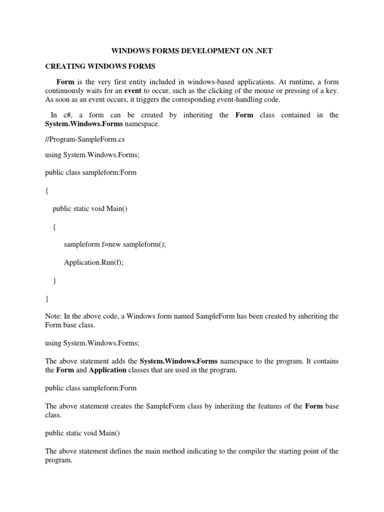 Creating Windows Forms Form Is The Very First Entity Included in Windows-Based Applications. at ...
